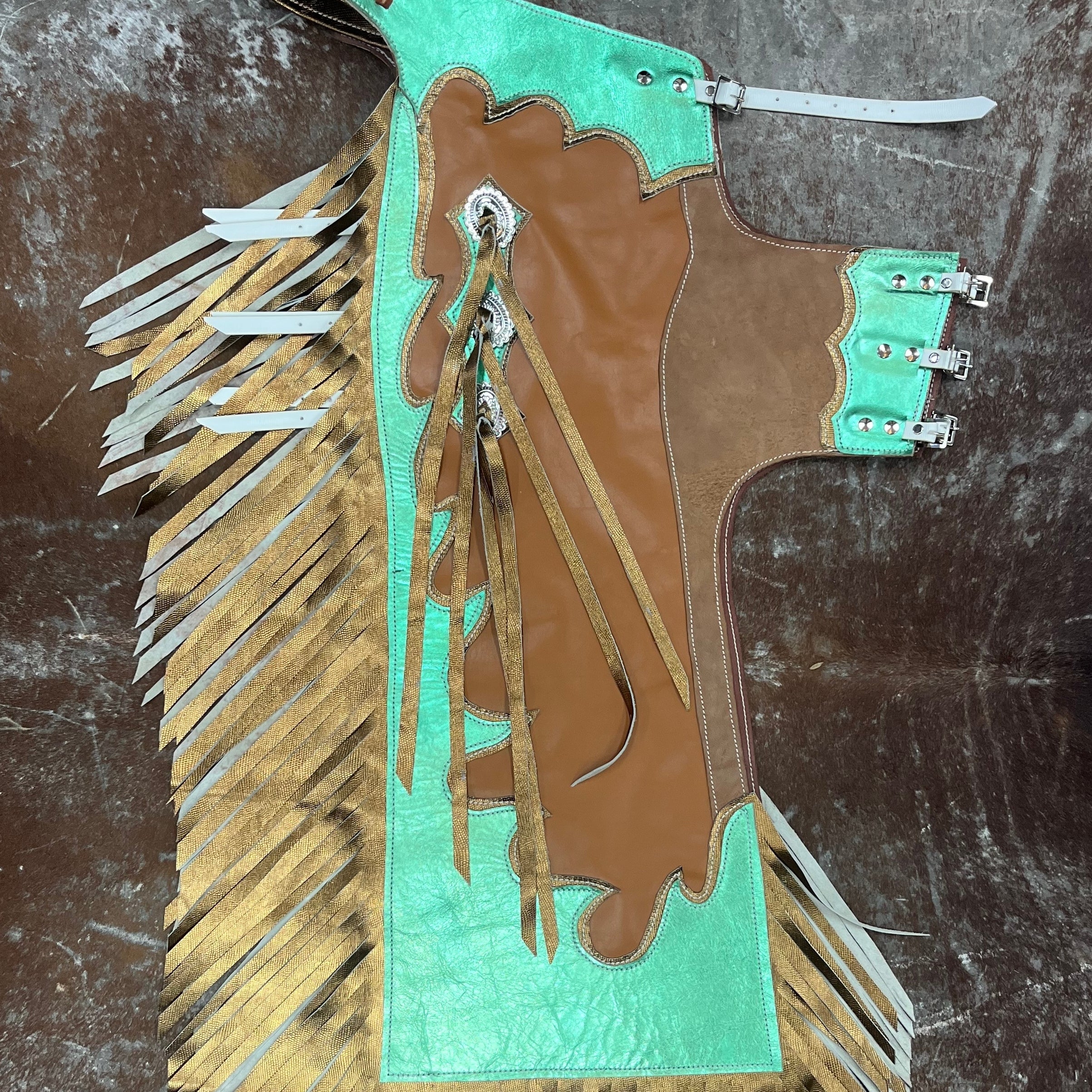 Australian All Leather Pro Rodeo Chaps - Rust Brown/Spearmint Green ...