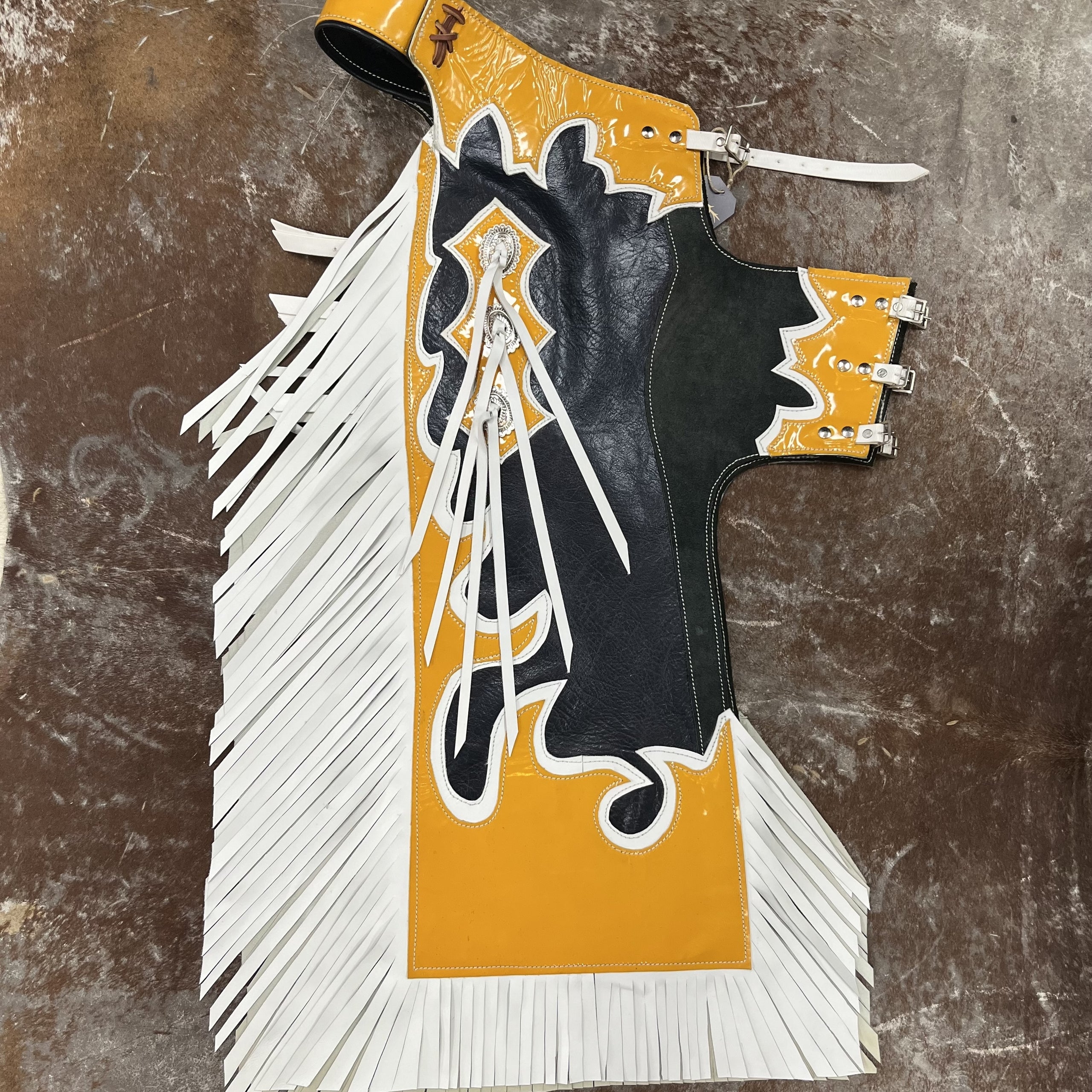 Australian All leather Pro Rodeo Chaps - Navy/Bright Yellow With White ...